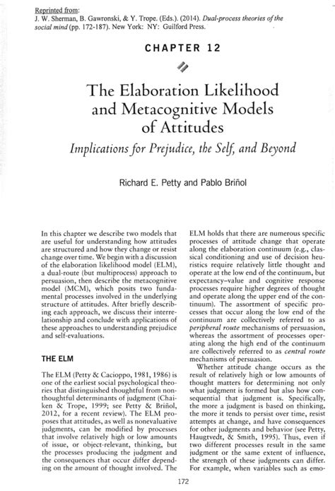 Pdf The Elaboration Likelihood And Meta Cognitive Models Of Attitudes Implications For