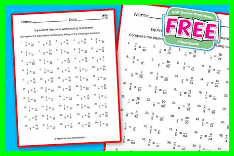 Equivalent Fractions With Missing Numerator Math Review Worksheets