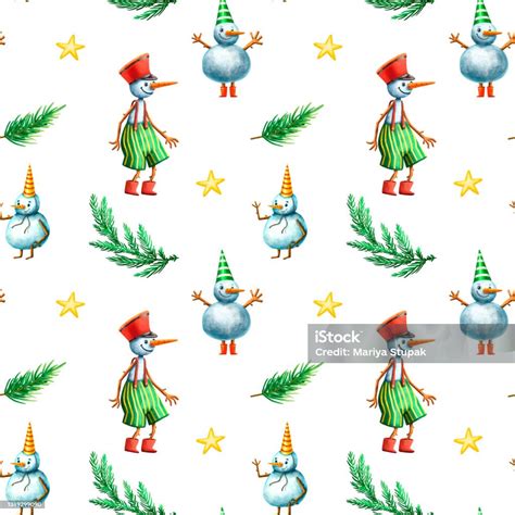 귀여운 크리스마스 패턴 작은 눈사람과 녹색 가지 매끄러운 질감 동화 배경 어린이 그림 예술의 만화 스타일 직물 및 직물 장식 새해 복 많이 받으세요 0명에 대한 스톡 벡터