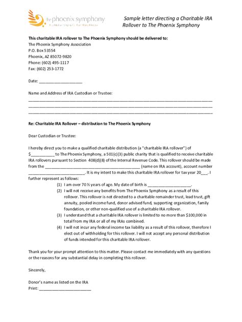 Fillable Online Sample Letter Directing A Charitable Ira Rollover To