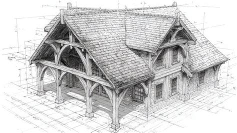 Detailed Architectural Sketch Of A Timber Frame House Design Stock
