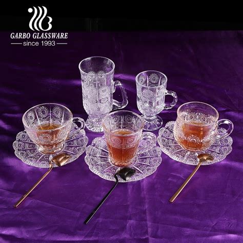 High Quality Clear Engraved Design Drinking Glass Tea Cup Set With Saucer Uzbekistan Style