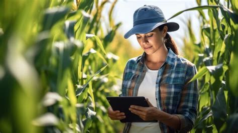 Premium Photo Woman Using A Tablet In A Cornfield Likely Engaged In Modern Agricultural