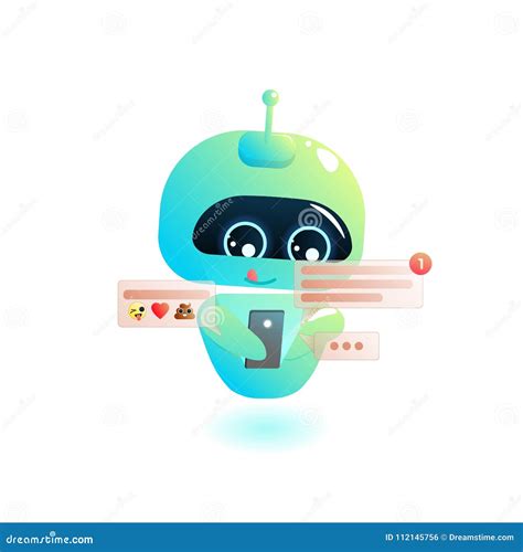 Cute Bot Tap Phone Send Message Chatbot Greets Stock Vector