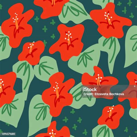 Vector Seamless Pattern With Tropical Red Hibiscus Flowers And Green