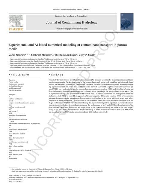 Pdf Experimental And Ai Based Numerical Modeling Of Contaminant Transport In Porous Media