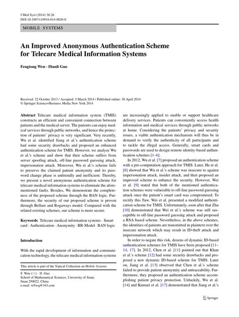 Pdf An Improved Anonymous Authentication Scheme For Telecare Medical