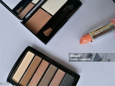 격리 된 흰 바탕에 장식 화장품 세트입니다 메이크업 화장품 립스틱 아이 섀도 브러쉬 마스카라 아이 라이너 베이지색 톤 및 다채로운 음색 아름다움을 설정합니다 0명에 대한