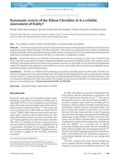 Pdf Systematic Review Of The Kihon Checklist Is It A Reliable Assessment Of Frailty Kihon
