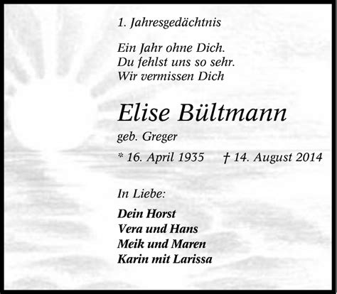 Traueranzeigen Von Elise Bültmann Trauer In Nrw De