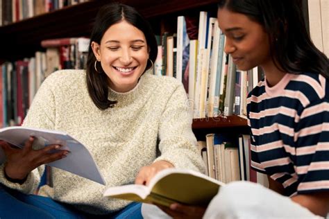 University Books Or Happy Women At Campus Library For Reading Research