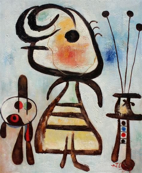 Joan Mirò Femme Au Chat Woman And Cat Miro 42 X 51 Cm Handmade Oil On