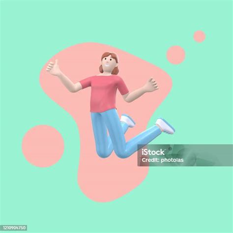 추상적 인 얼룩 배경에 컬러 옷에 긍정적 인 문자입니다 젊은 쾌활한 소녀는 달리고 춤을 추고 점프하고 공중을 띄고 날아다닙습니다