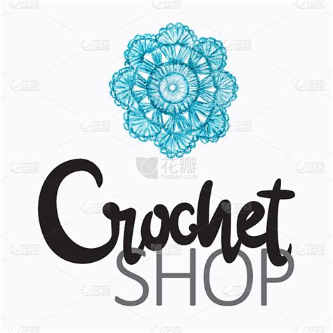 红灰色米色钩针店标志圆形框架，品牌，avatar组成的钩子，纱线，钩针心，弓，花。插图手工钩针与球的