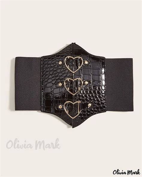 Olivia Mark Elegant Crocodile Hollow Heart Embellished Wide Belt With
