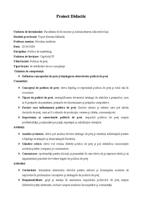 Proiect Didactic Proiect Didactic Unitatea De învăţământ Facultatea