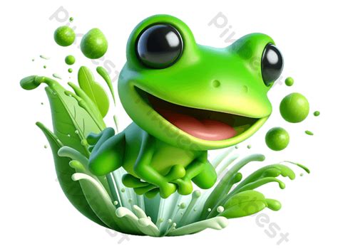 Happy Smiling Green D Frog Jumping From Garden In A Transparent Background PNG Images PNG