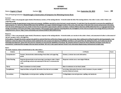 Reader Response 9262019 Pdf Brain Rubric Academic