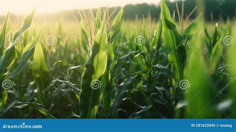 Corn Field Close Up Green Maize Corn Field Plantation In Summer