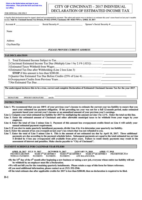 Fillable Form D 1 Individual Declaration Of Estimated Income Tax