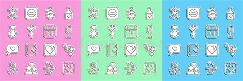 Set Line Heart Gender Glass Of Champagne Bottle With Love Potion