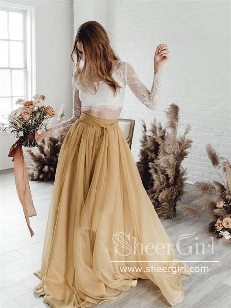 Lace Bodice Long Sleeves Two Pieces Bridal Gown Marigold Skirt Wedding
