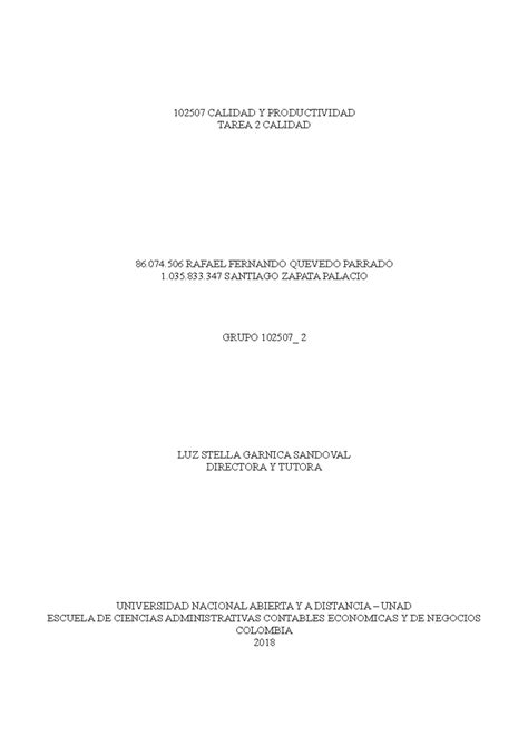 Tarea Calidad Gestión de la Calidad UNAD Studocu