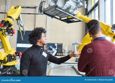 Engineers Discussing Industrial Robot With Gripper Arm For Automotive