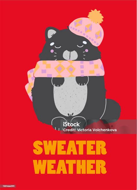 인사말 카드 엽서 파티 초대장 스카프와 니트 모자에 귀여운 고양이와 포스터 벡터 일러스트레이션 0명에 대한 스톡 벡터 아트 및