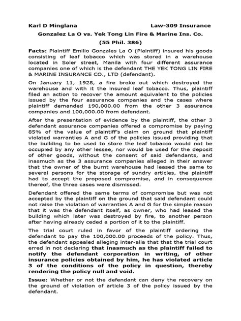 Gonzalez La O Vs Yek Tong Lin Fire And Marine Ins Co Pdf Insurance