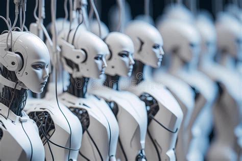 Assembly Line Of White Porcelain Body Android Stock Illustration