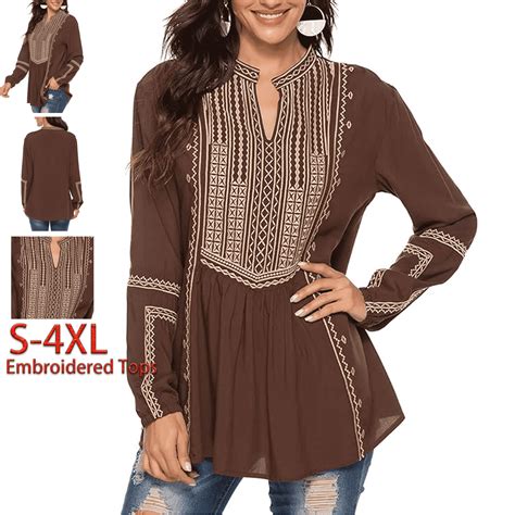 Grosy Embroidered Tops For Women Long Sleeve V Neck Plus Size Boho