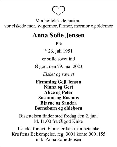 Anna Sofie Jensen Dødsannoncer I Danmark
