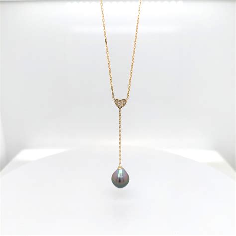 18k Gold Diamond Heart Tahitian Black Pearl Lariat Necklace Techmetal