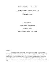 Phys 203 Potentiometer Lab PHYS 203 CRN Section XX Lab Report For Experiment 19 Potentiometer