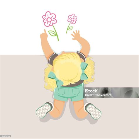 금발 소녀 그녀의 위장에 거짓말을 하 고 꽃 연필 바닥에 어린이의 상위 뷰를 사용 하 여 그리기 교육에 대한 스톡 벡터 아트 및