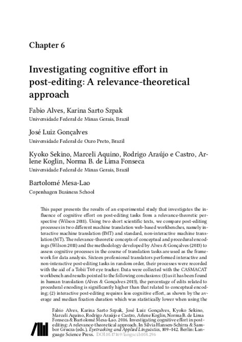 Pdf Investigating Cognitive Effort In Post Editing A Relevance