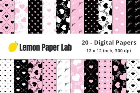Light Pink And Black Hearts Digital Paper Graphic By Lemon Paper Lab
