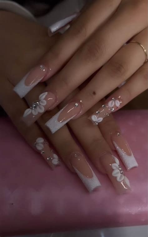 White Glitter French Tip With Gems And Acrylic Flowers Square Acrylic