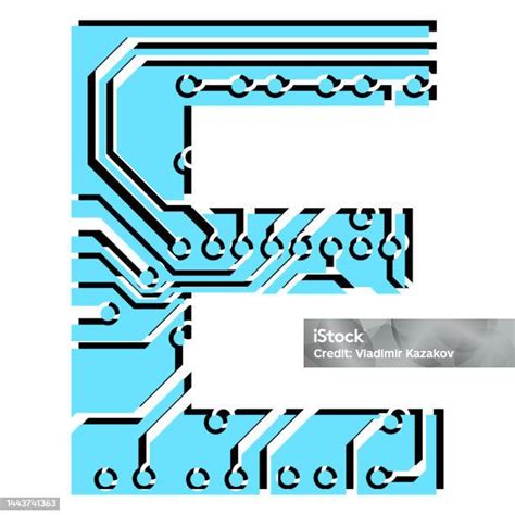 흰색으로 분리된 Pcb 회로 기판 트랙으로 천공된 라틴 디지털 문자 E 현대 디지털 세계의 헤드 라인에 대 한 컬러 대문자 첫