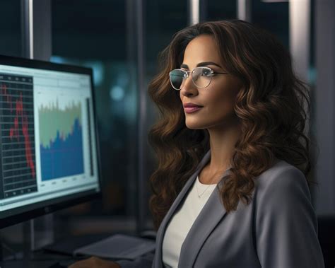 Professional Woman Analyzing Data On Computer Screens In Office Setting Premium Ai Generated Image