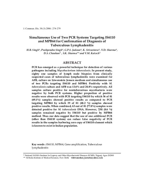 pdf simultaneous use of two pcr systems targeting is6110 and mpb64
