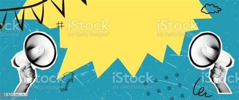 현대 미술 콜라주 개념 설계 확성기와 말풍선이 있는 인간의 손은 텍스트를 삽입합니다 0명에 대한 스톡 사진 및 기타 이미지 0명 개념 개념과 주제 Istock