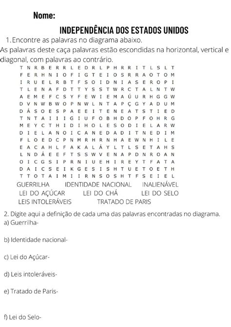 Independência Dos Estados Unidos Worksheet