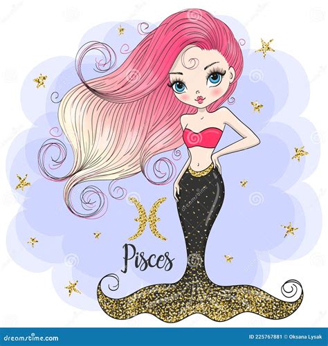 Hand Drawn Beaytiful Cute Little Pisces Zodiac Girl Stock Vector