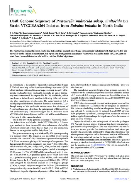 Pdf Draft Genome Sequence Of Pasteurella Multocida Subsp Multocida B2 Strain Vtccbaa264