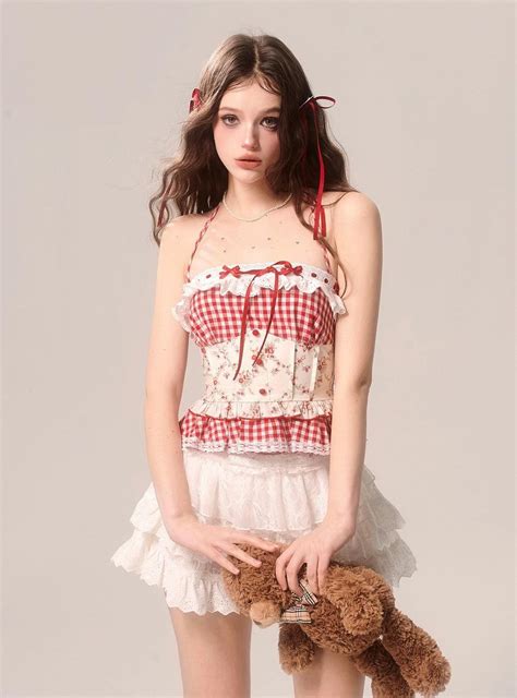 Strawberry Red Plaid Lace Trim Camisole Red S In 2024