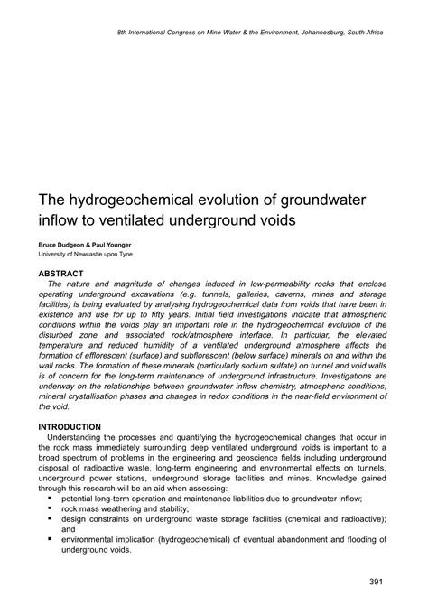 The Hydrogeochemical Evolution Of Groundwater Inflow To Ventilated Underground Voids Docslib