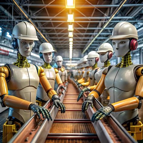 A Futuristic Assembly Line Staffed By Humanoid Robots In Hard Hats Showcasing The Rise Of