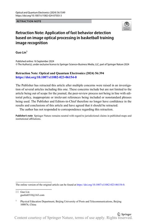 Retraction Note Application Of Fast Behavior Detection Based On Image Optical Processing In